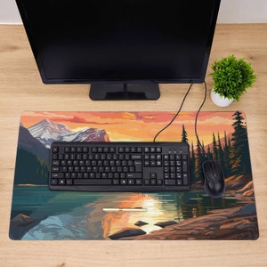 Nature Landscape Desk Mat, Sunset Mountain Desk Mat, Forest and Lake ...