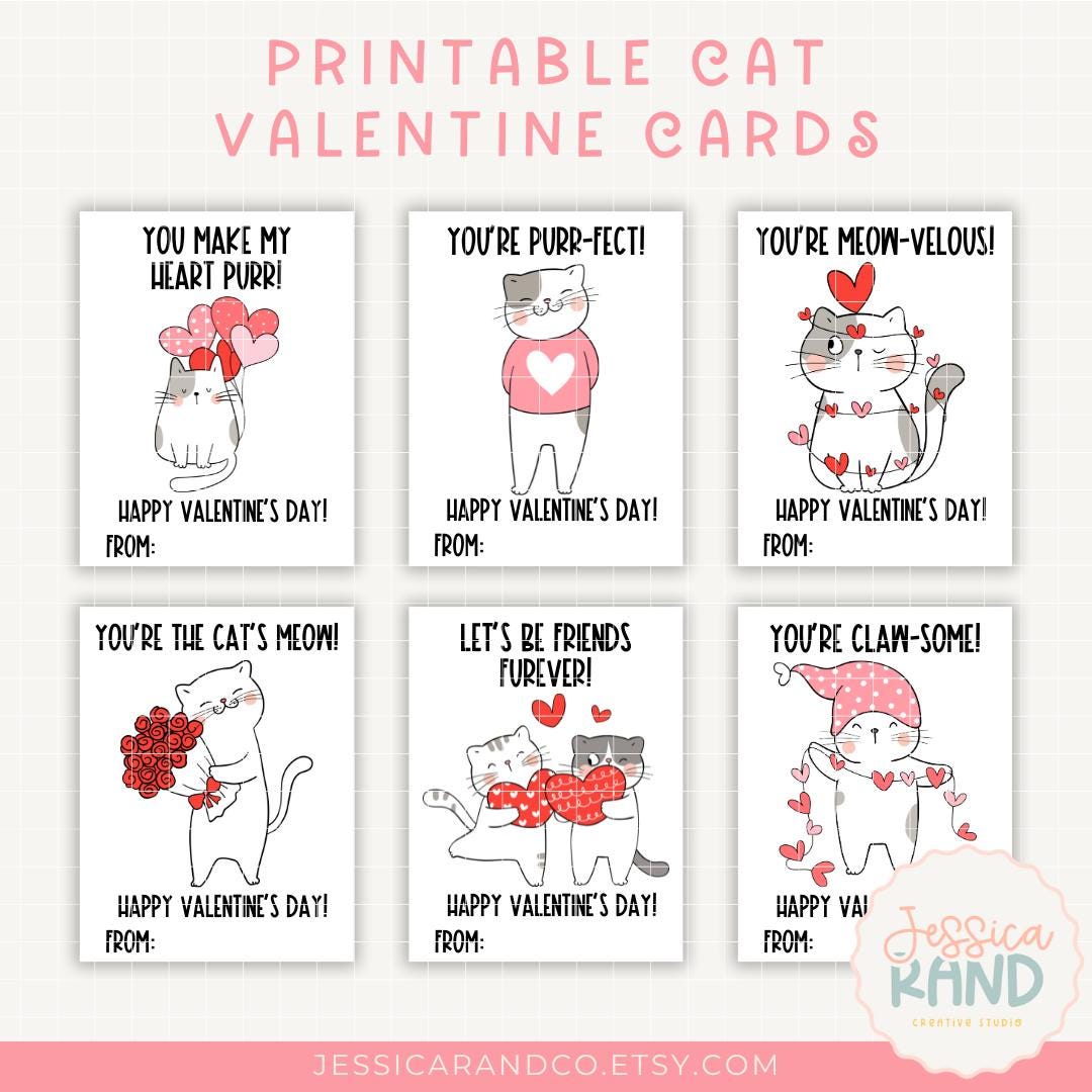 Printable Cat Valentine's Cards for Kids, Cat Themed Valentine's Day ...