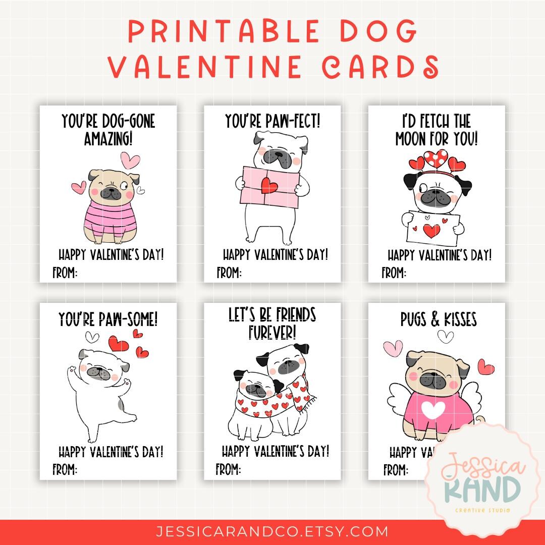 Printable Dog Valentine's Cards for Kids, Dog Themed Valentine's Day ...