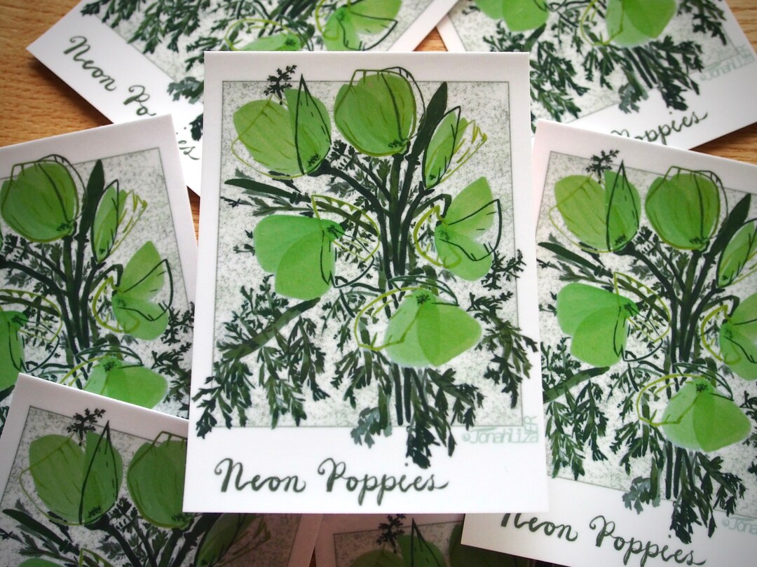 Neon Poppies Sticker Calligraphy Floral Bouquet Green Leafy Polaroid ...