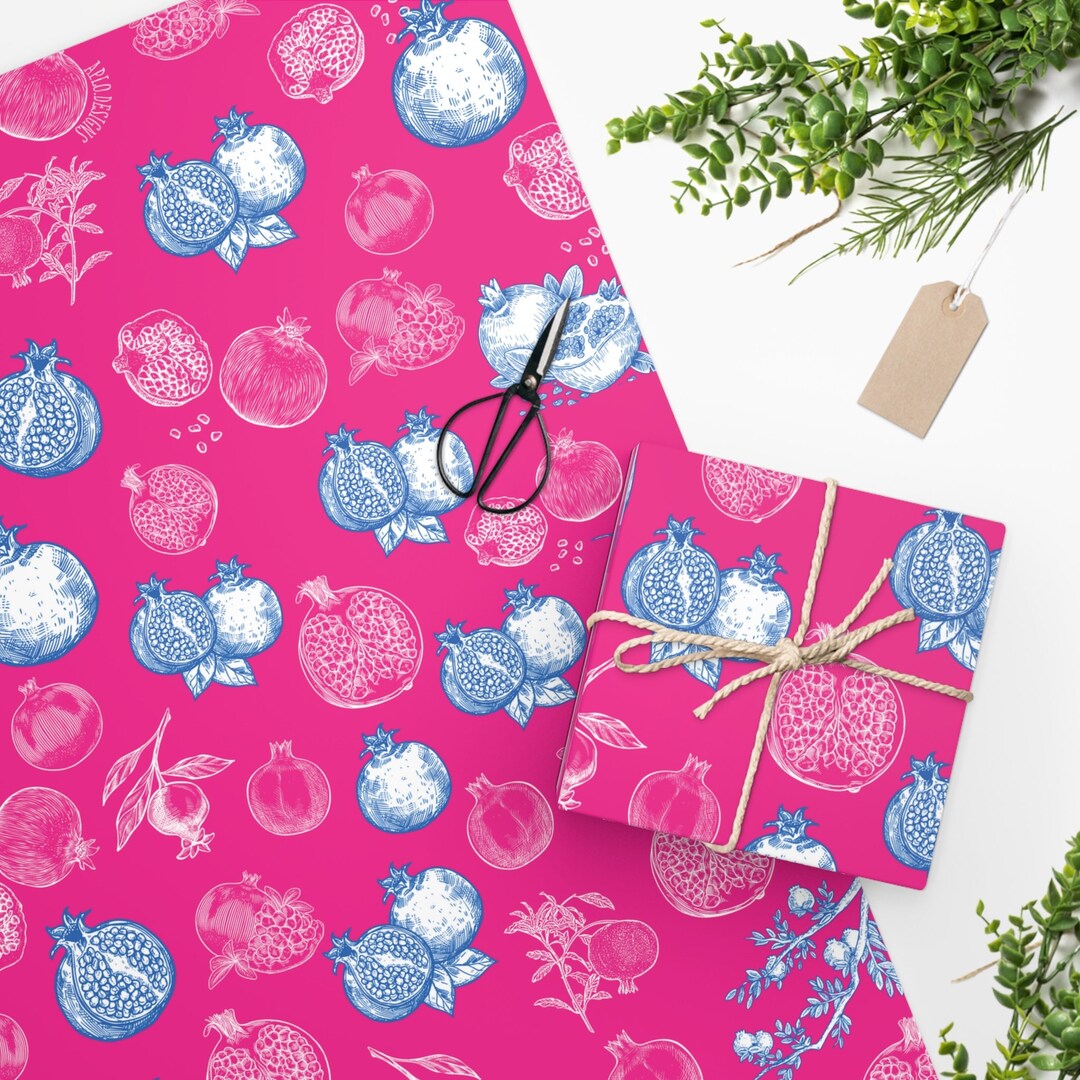 Mediterranean Wrapping Paper Hot Pink and Blue Greek Pomegranate ...