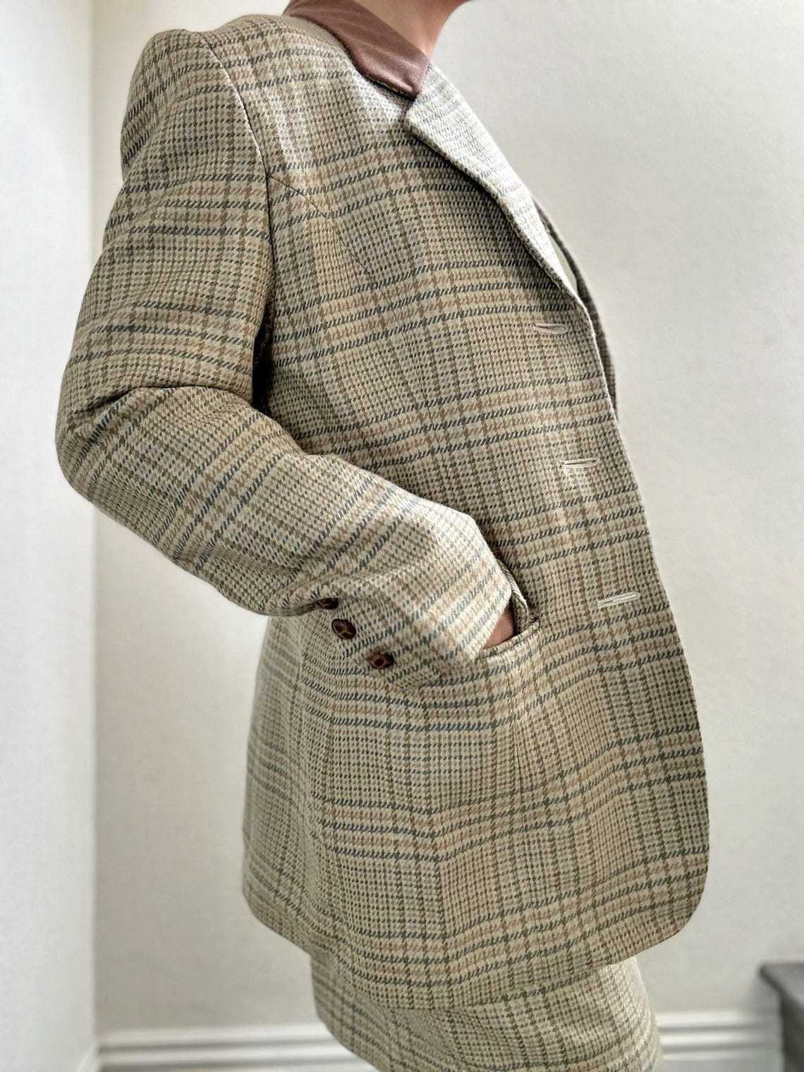 Vintage 70s Merrill Tan Glen Plaid Wool Suit & Skirt 2 Pieces Set Japan ...