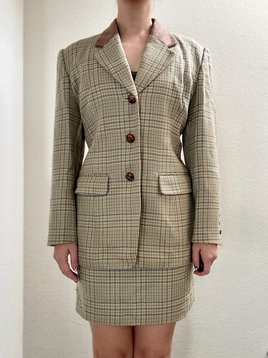 Vintage 70s Merrill Tan Glen Plaid Wool Suit & Skirt 2 Pieces Set Japan ...