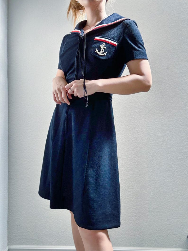 60s/70s Vintage Short Sleeves Navy Sailor Dress W/ Embroidered Anchor ...