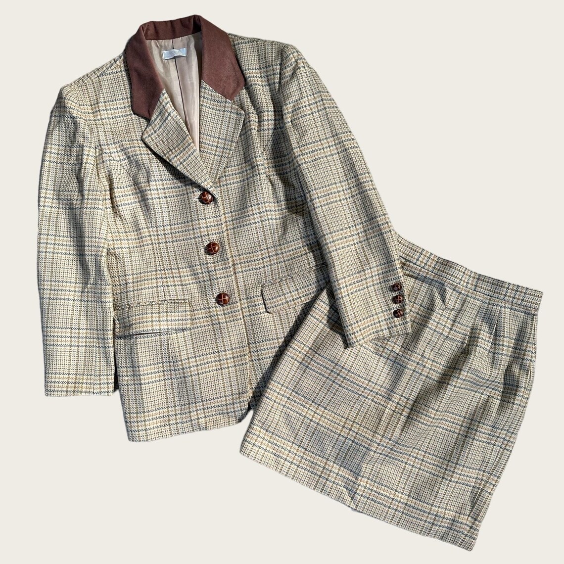 Vintage 70s Merrill Tan Glen Plaid Wool Suit & Skirt 2 Pieces Set Japan ...
