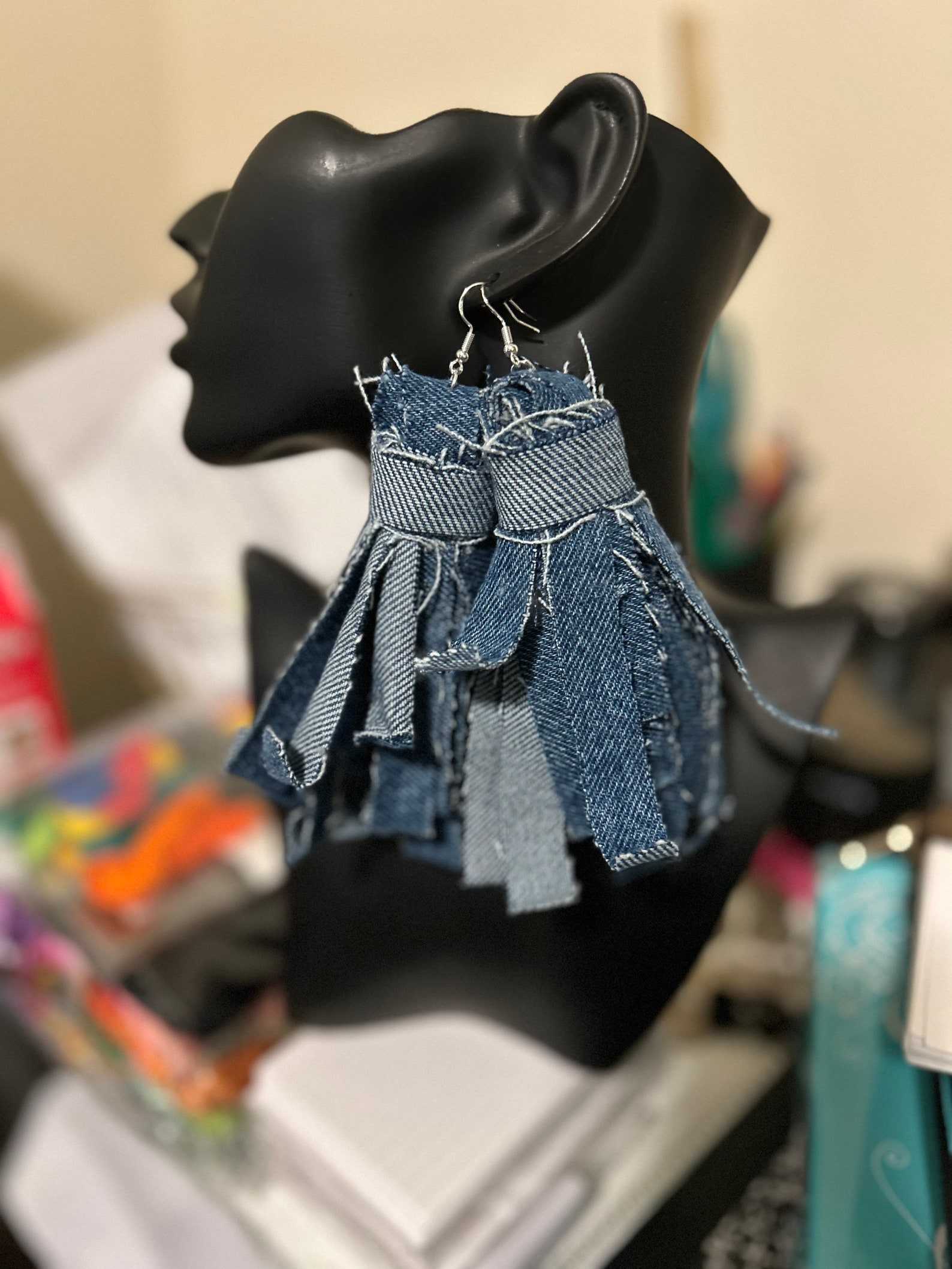 Jean Tassel Earrings, Denim Fringe, Denim Tassel, Light Blue Denim ...