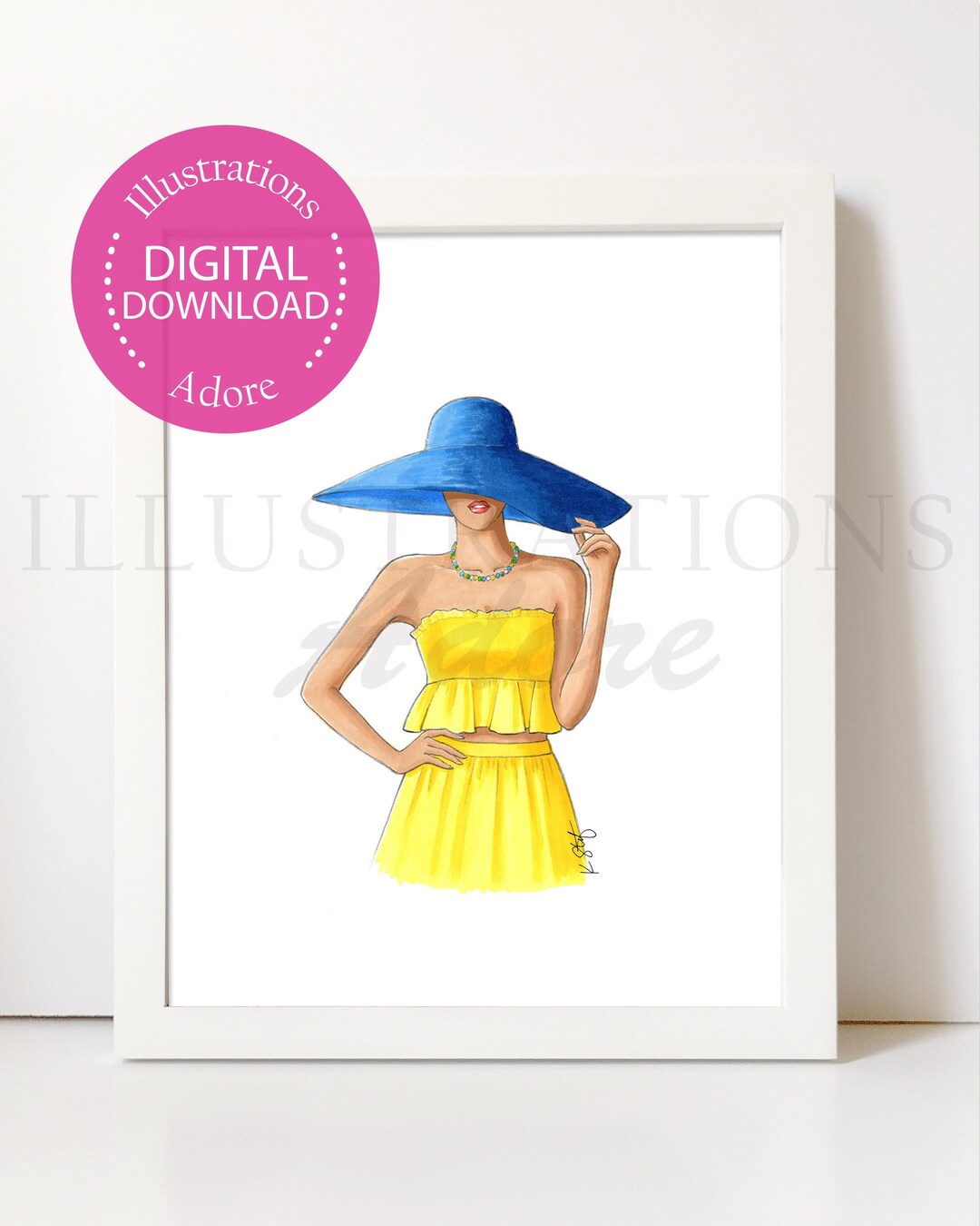 Digital Art Print: Girl With Big Blue Hat (dark Skin Tone) Summer Chic ...