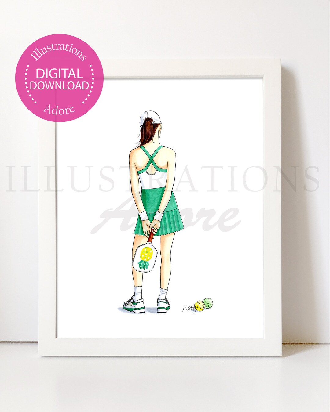 Pickleball Girl Illustration Print, Brunette Sporty Girl Fashion Wall ...