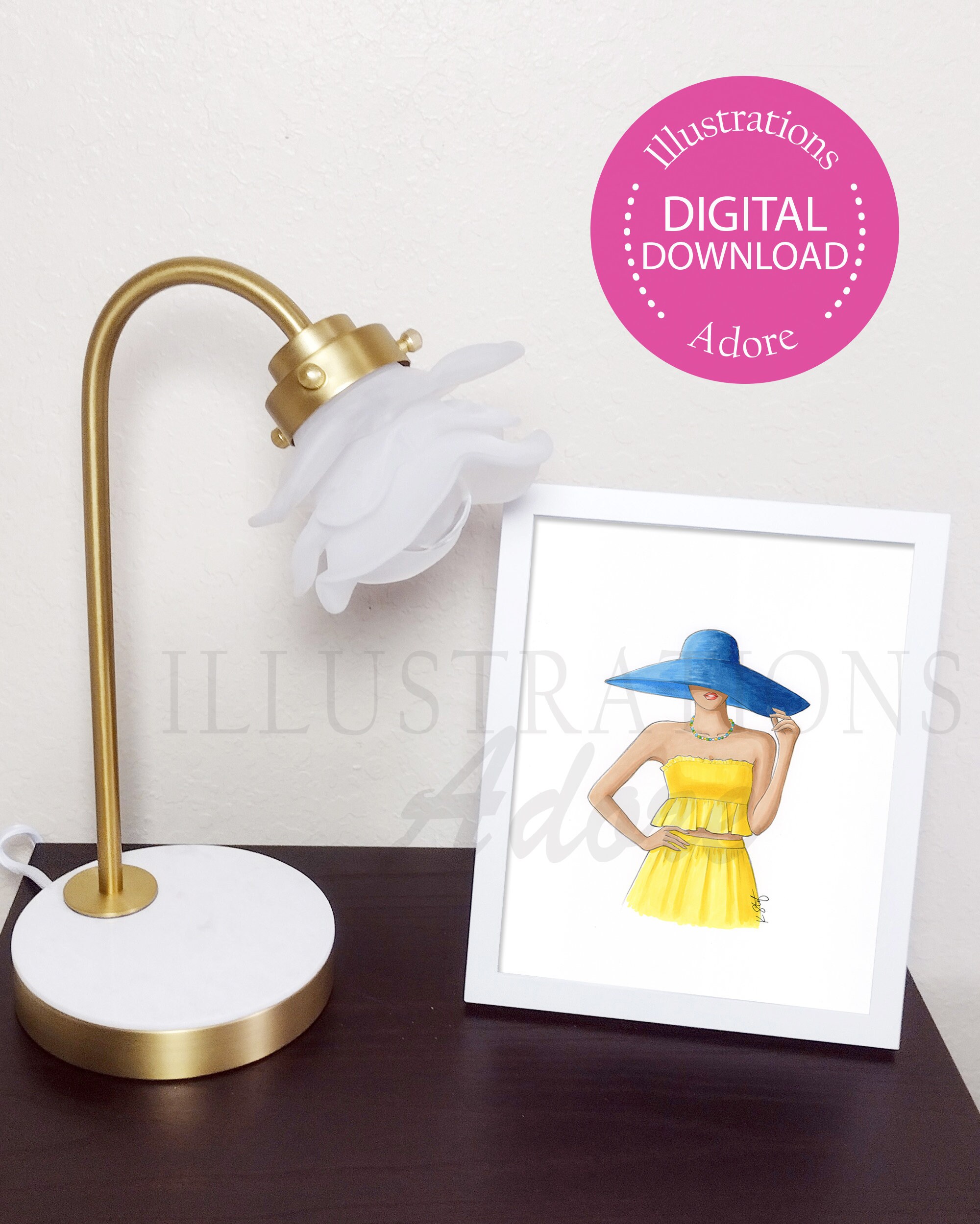 Digital Art Print: Girl With Big Blue Hat dark Skin Tone Summer Chic ...