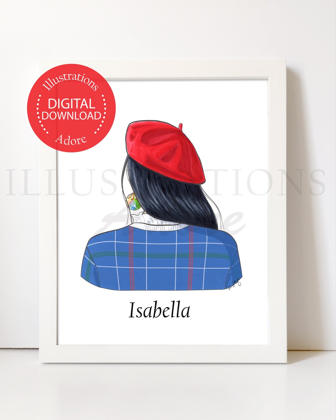 Personalized Red Beret Art Dark Hair Fashion Illustration - Etsy
