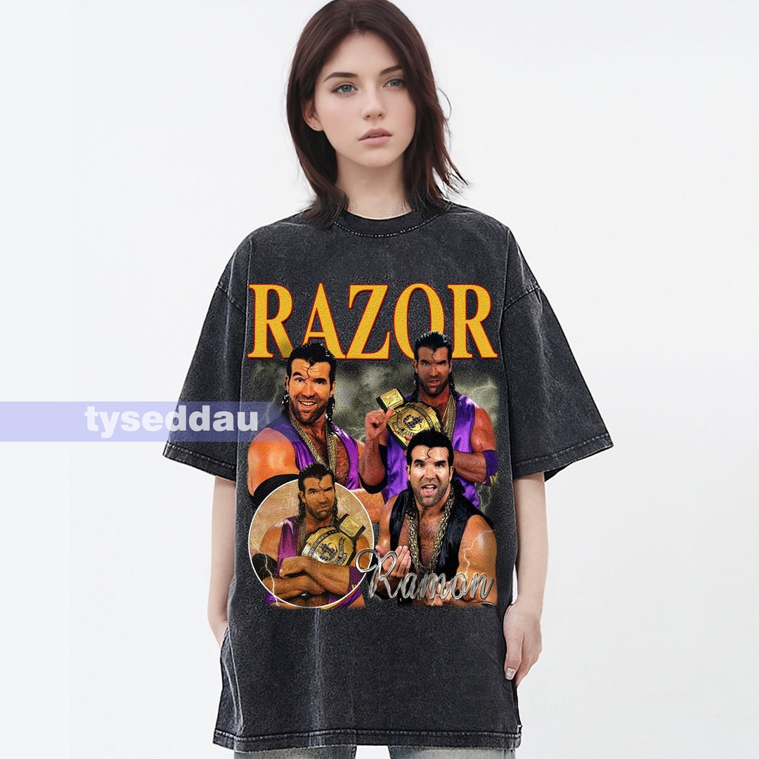 Razor Ramon Vintage Washed T-shirt, Wrestler Homage Graphic Unisex Long ...