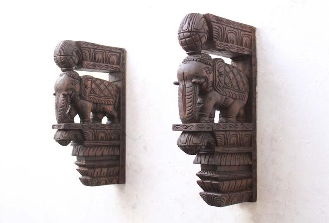 Wooden Wall Bracket Elephant Statue Corbel Pair Home Decor Unique Style ...