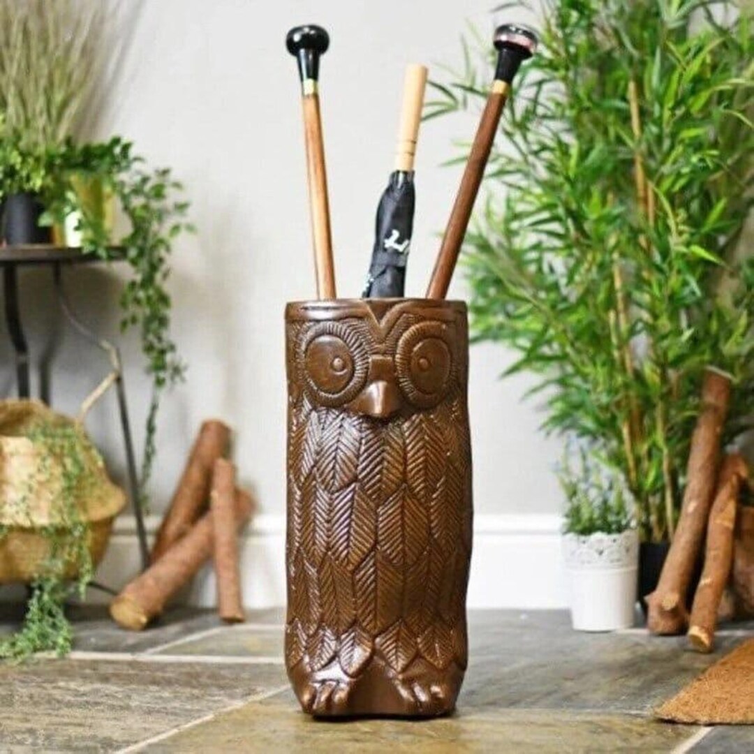 New Carved Walking Cane Stand Wooden Owl Umbrella & Walking Stick Stand ...