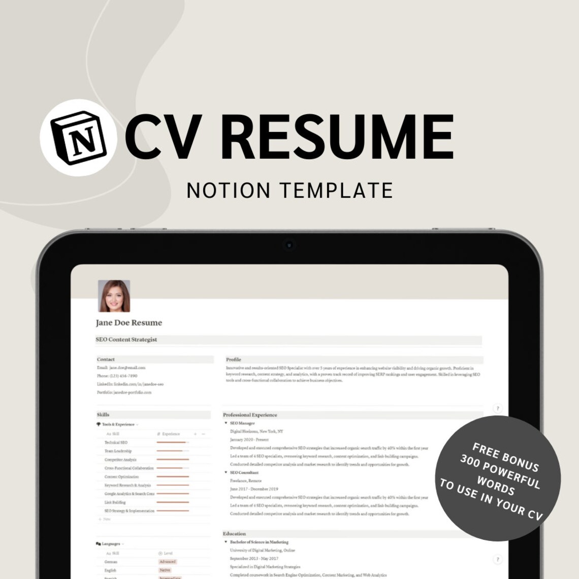 Notion Resume Template, Professional Modern Resume Template for Notion, Clean Modern Executive ...