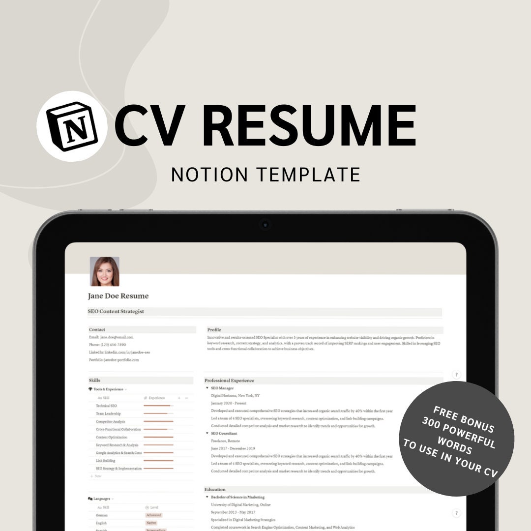 Notion Resume Template, Professional Modern Resume Template for Notion ...