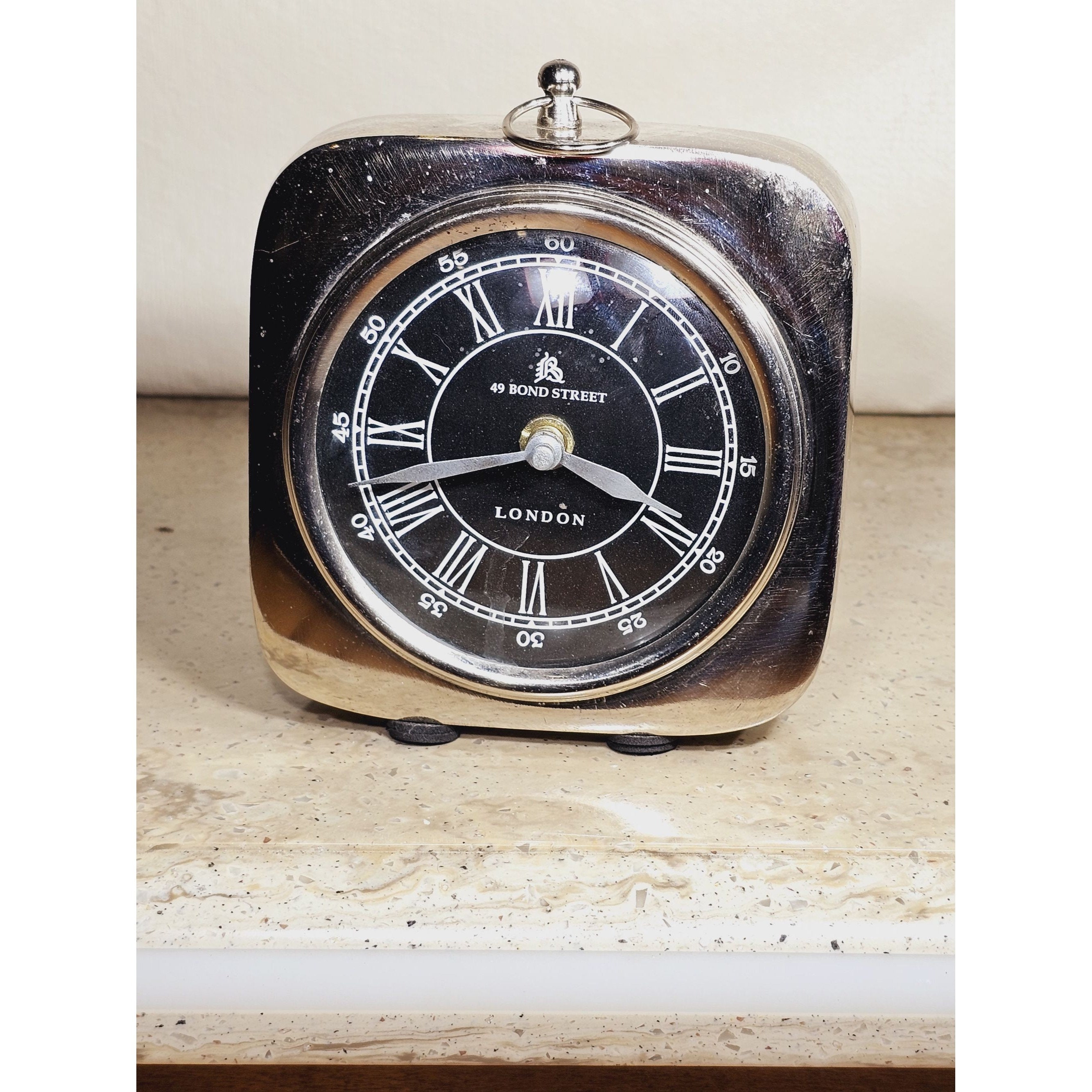 49 Bond Street London Desk Mantle or Bedside Clock, Silver W/ Black ...
