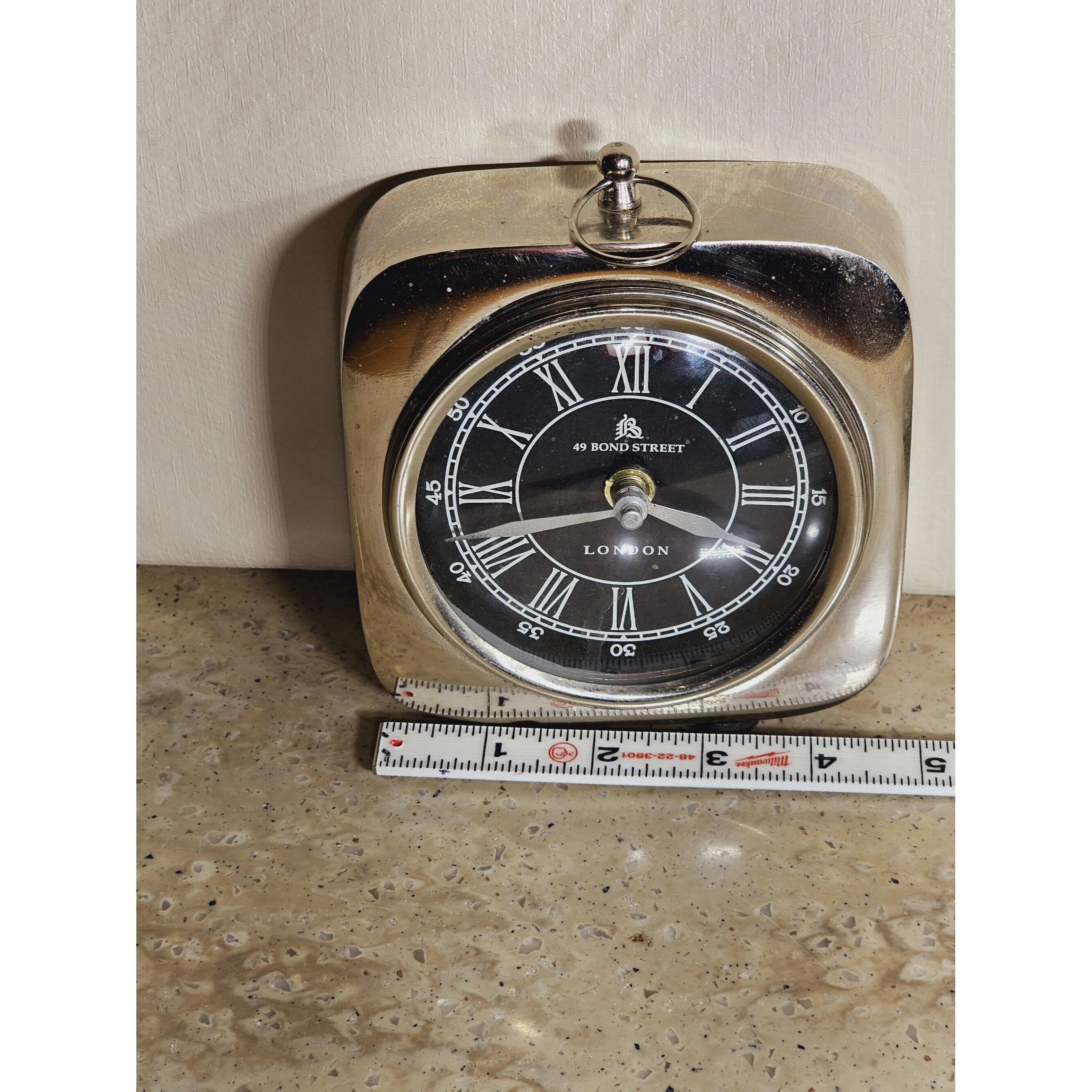 49 Bond Street London Desk Mantle or Bedside Clock, Silver W/ Black ...