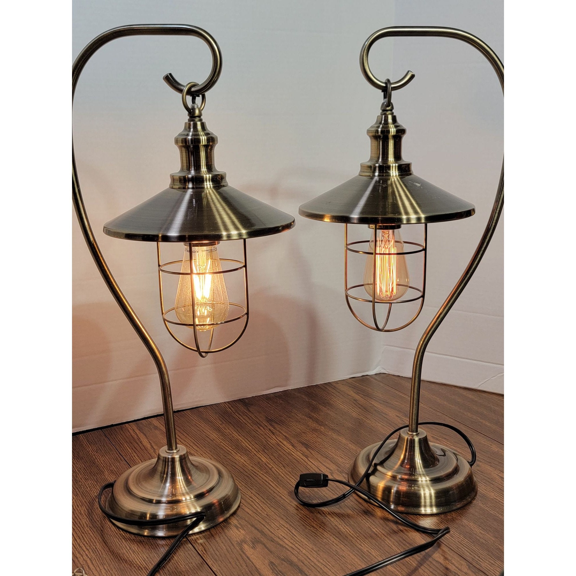 Antique Brass Industrial Caged Light Table Lamp, Set of 2 - Etsy