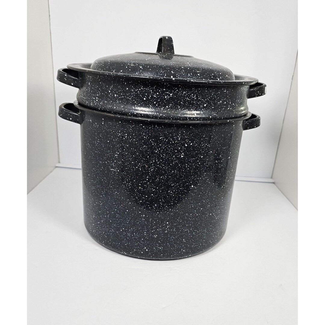 Vintage Speckled Black Enamel Cook Pot With Enamel Strainer and Lid - Etsy