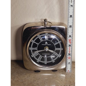 49 Bond Street London Desk Mantle or Bedside Clock, Silver W/ Black ...