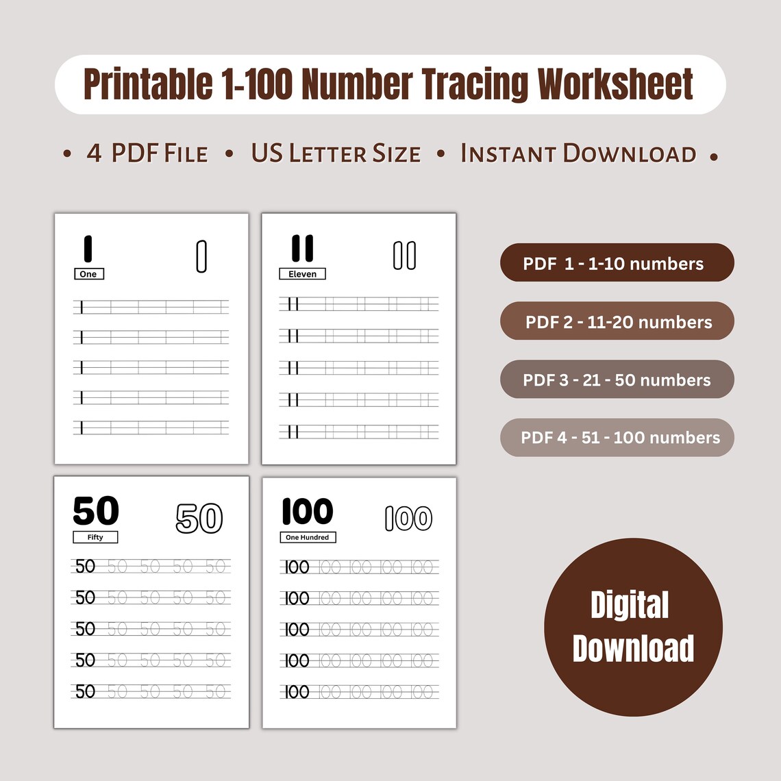 Printable 1-100 Number Tracing Worksheet Preschool Number Tracing ...