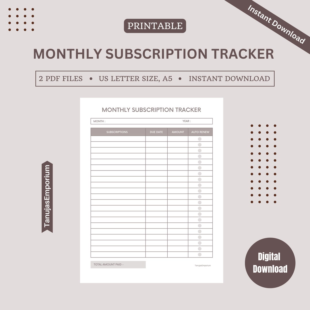 Monthly Subscription Tracker Printable Subscriptions Tracker - Etsy