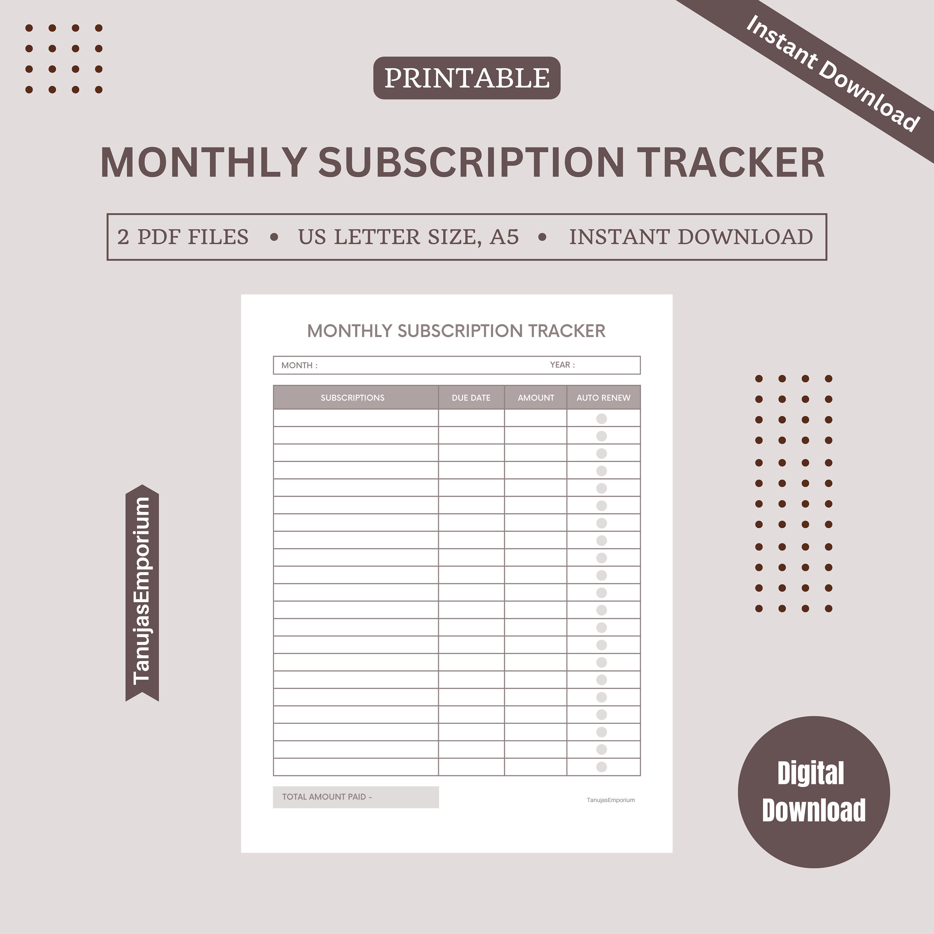 Monthly Subscription Tracker Printable Subscriptions Tracker - Etsy