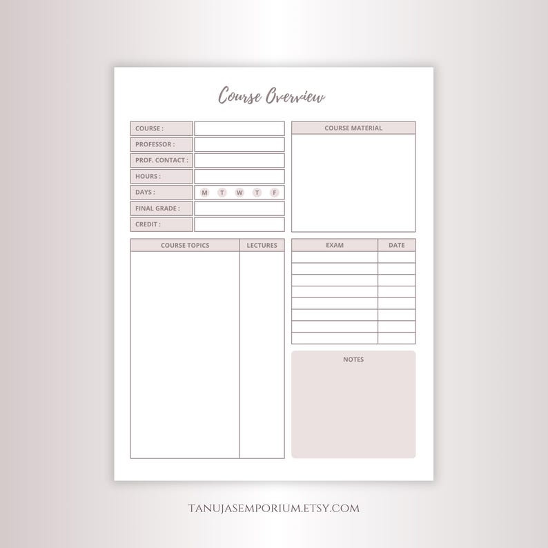 Course Overview | Printable Course Planner - Etsy