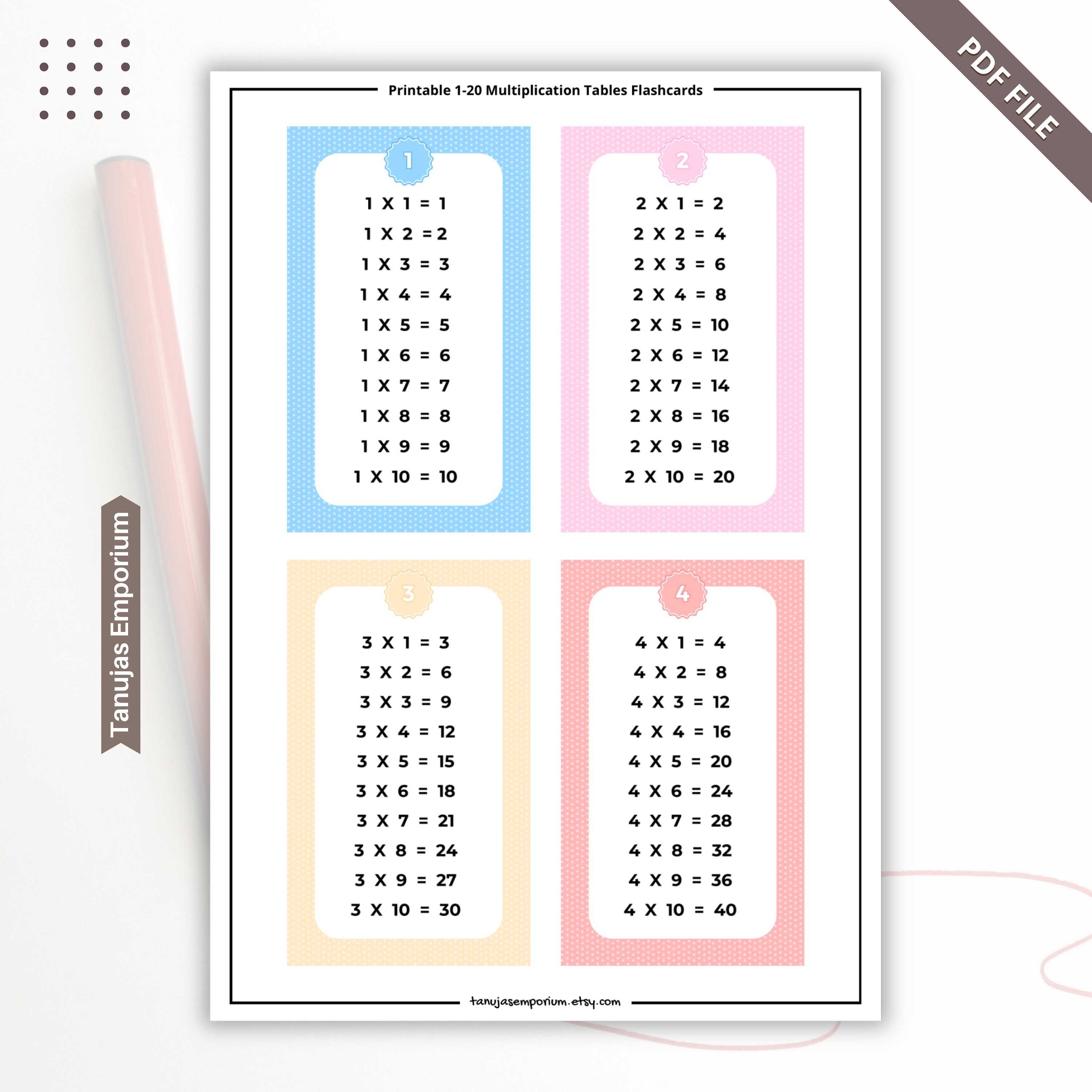 Printable 1-20 Multiplication Tables Flashcards - Etsy