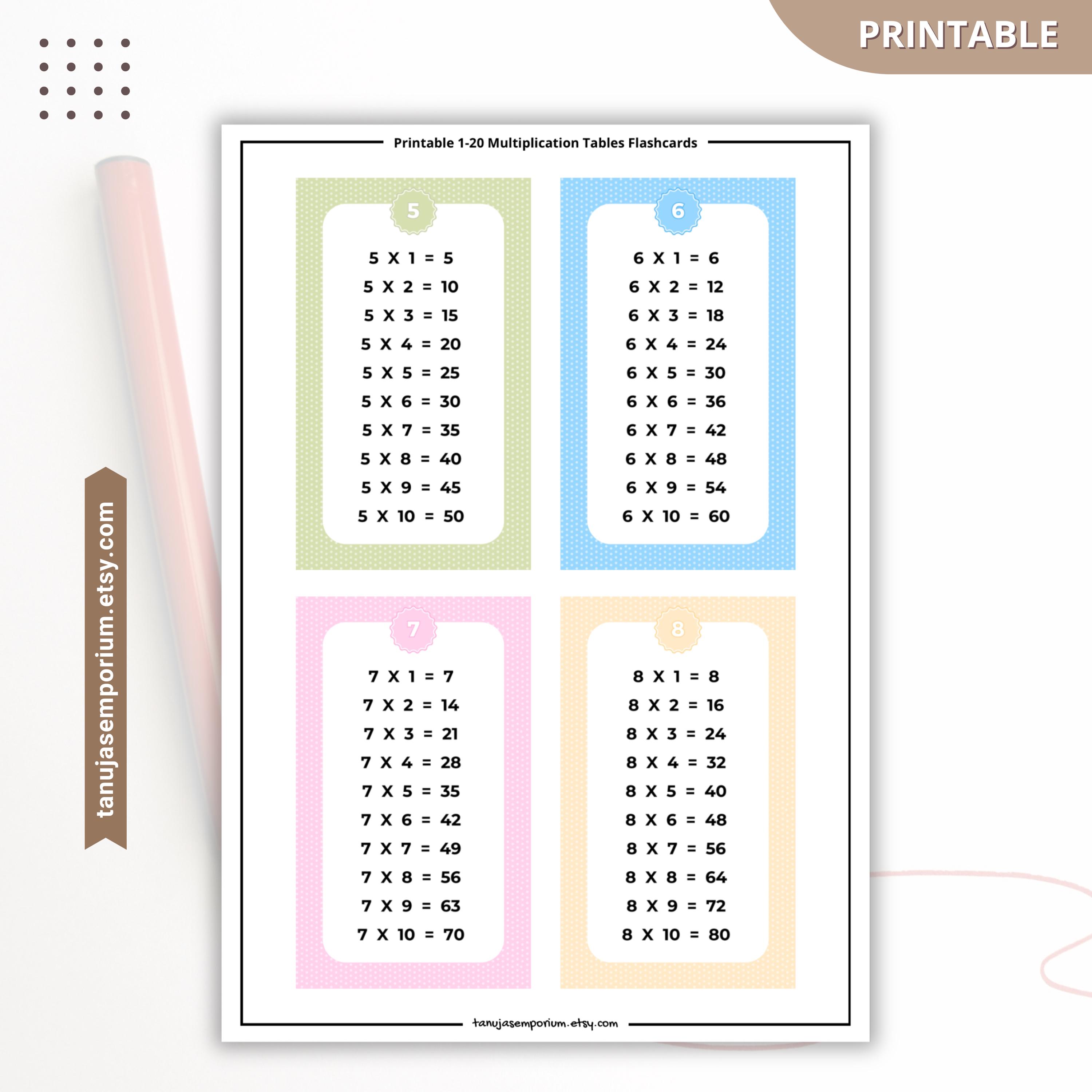Printable 1-20 Multiplication Tables Flashcards - Etsy