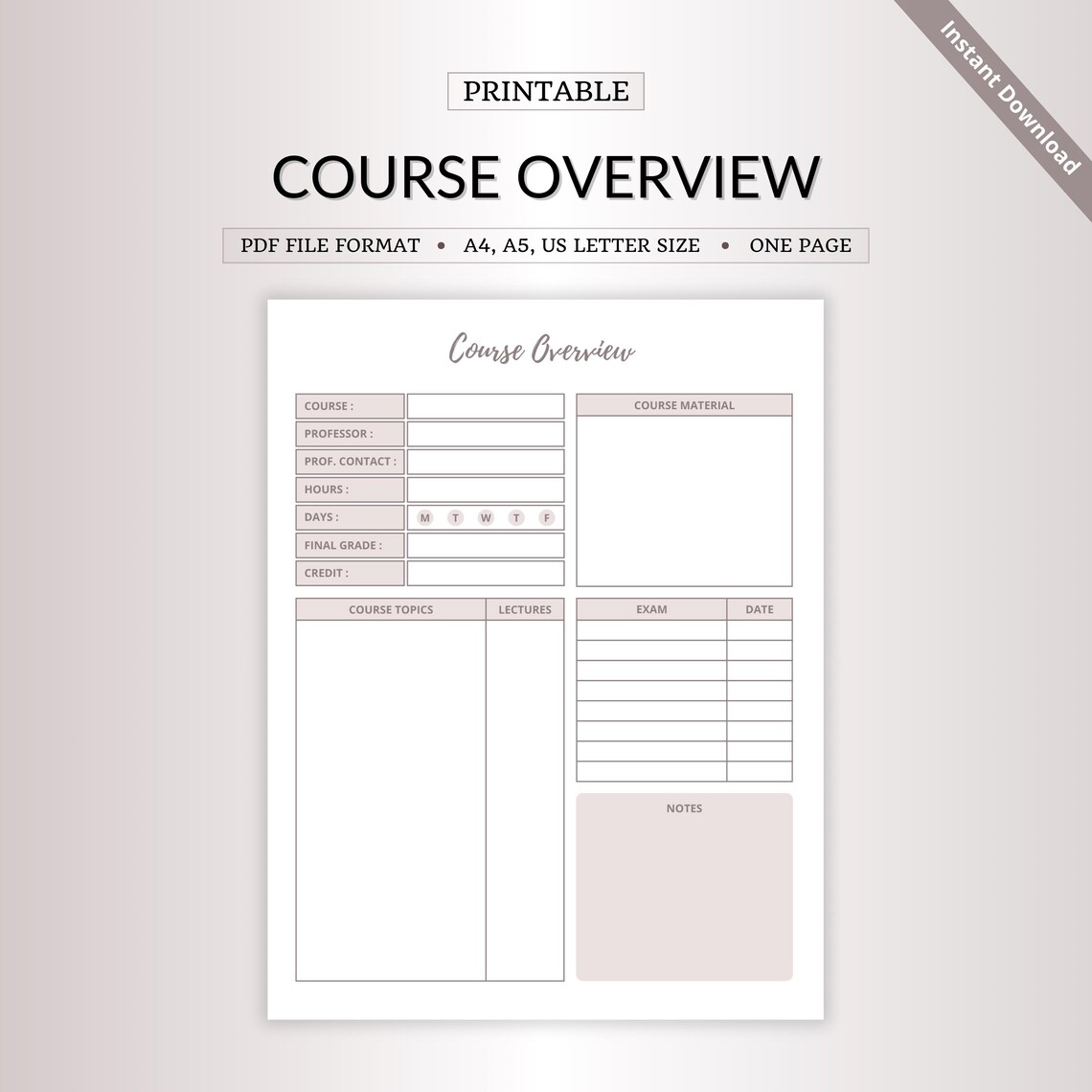 Course Overview | Printable Course Planner - Etsy