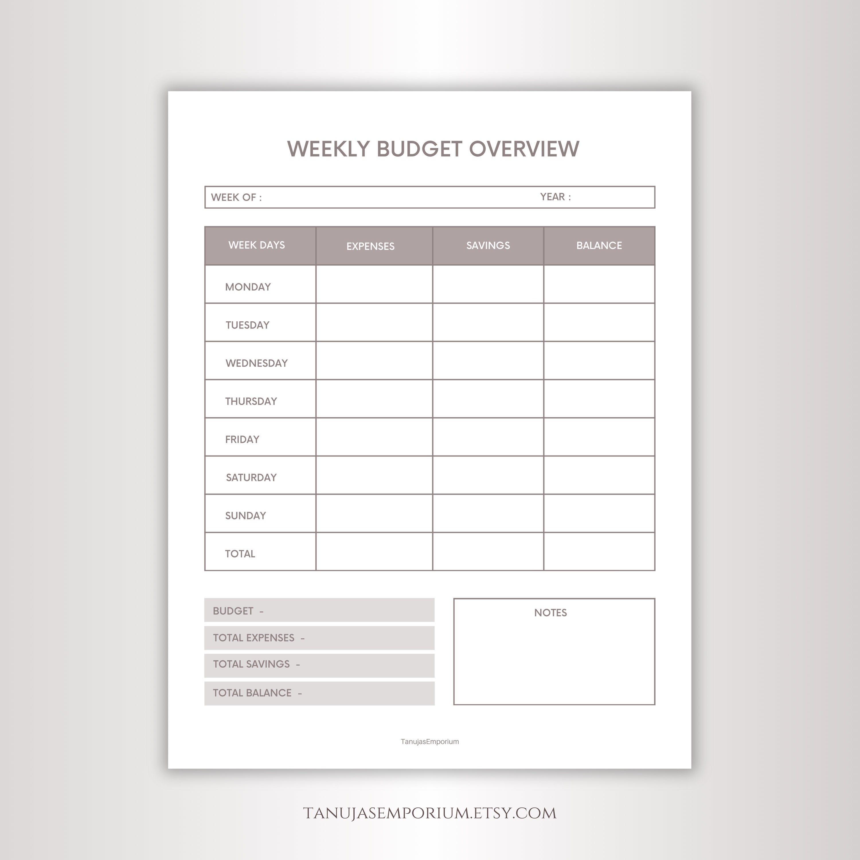 Weekly Budget Overview | Printable Weekly Budget Planner - Etsy