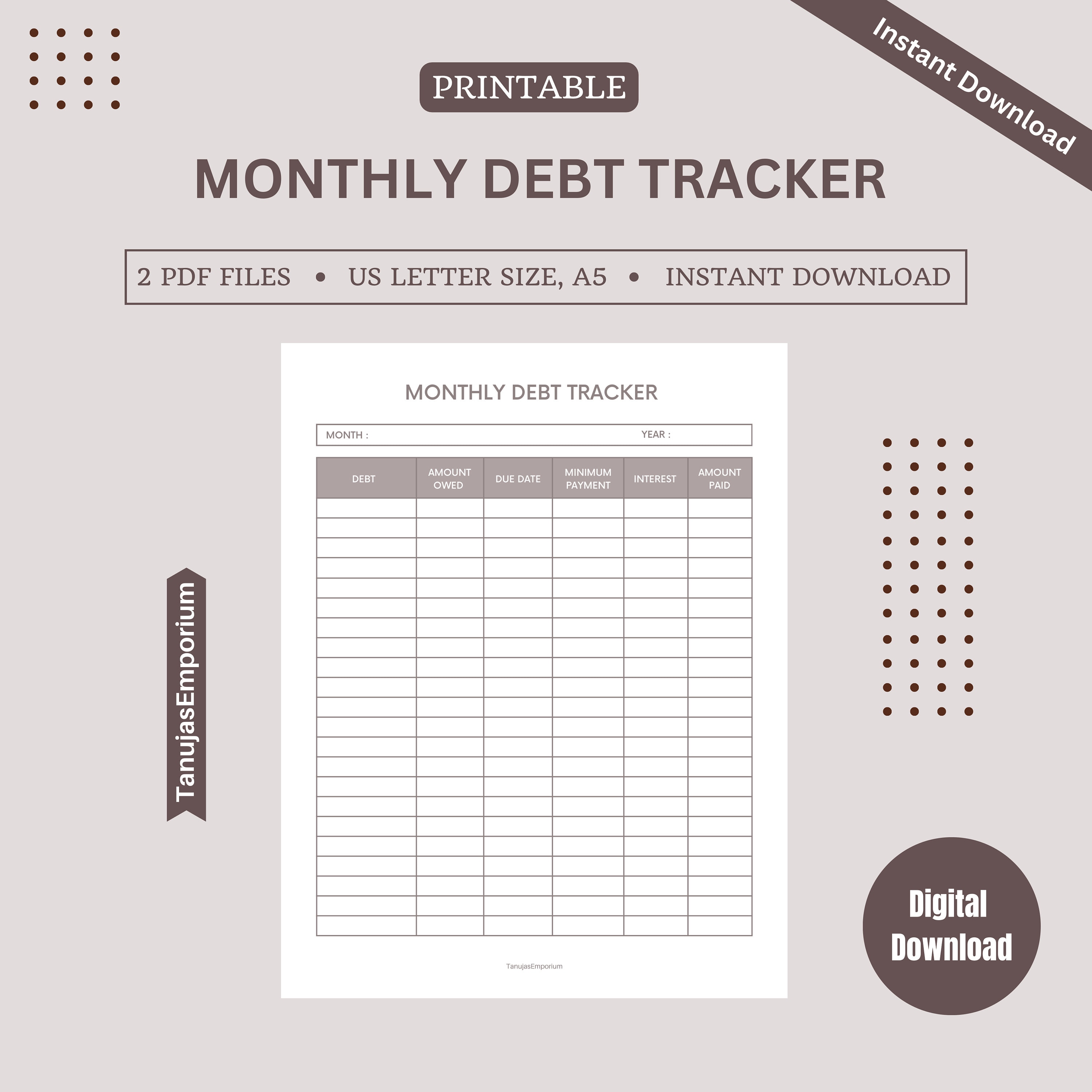 Monthly Debt Tracker Printable - Etsy