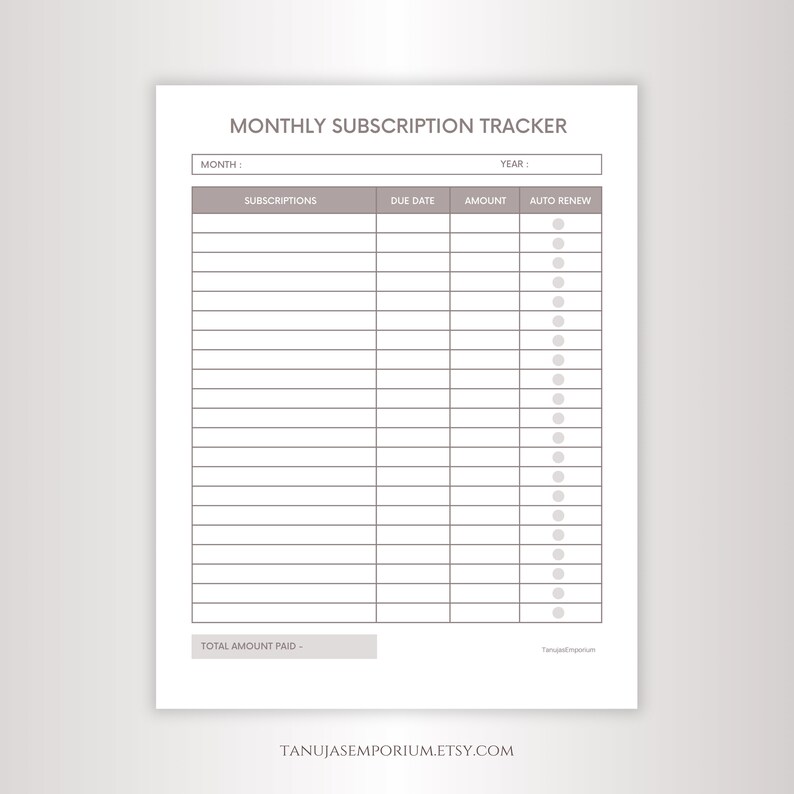 Monthly Subscription Tracker | Printable Subscriptions Tracker - Etsy