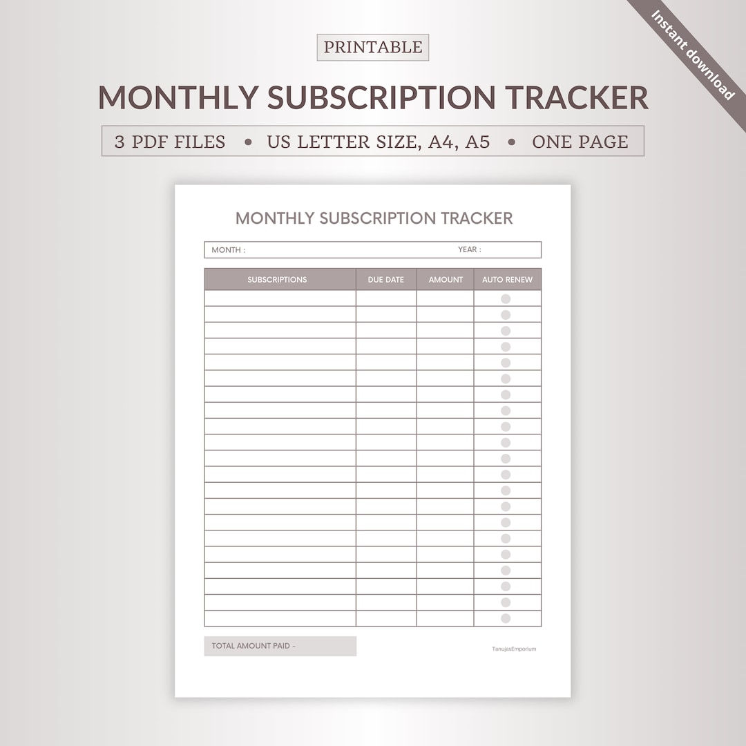 Monthly Subscription Tracker | Printable Subscriptions Tracker - Etsy