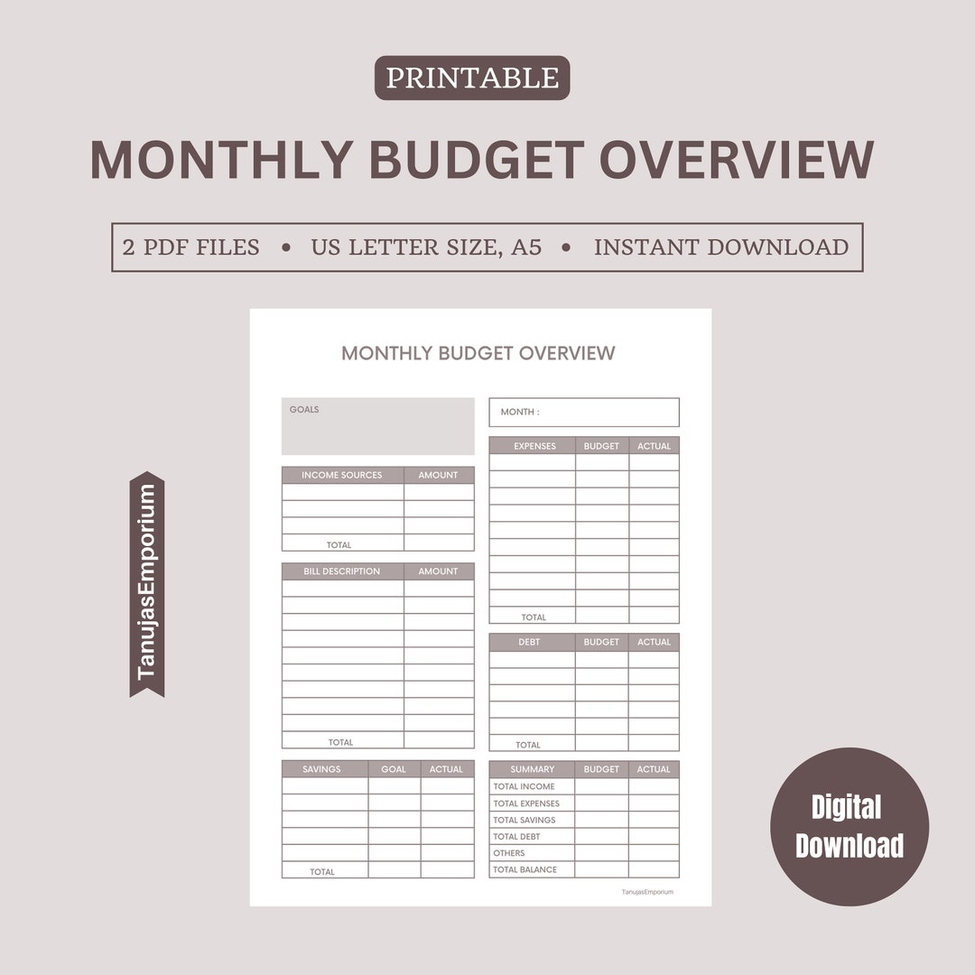 Monthly Budget Overview Monthly Budget Planner PDF - Etsy