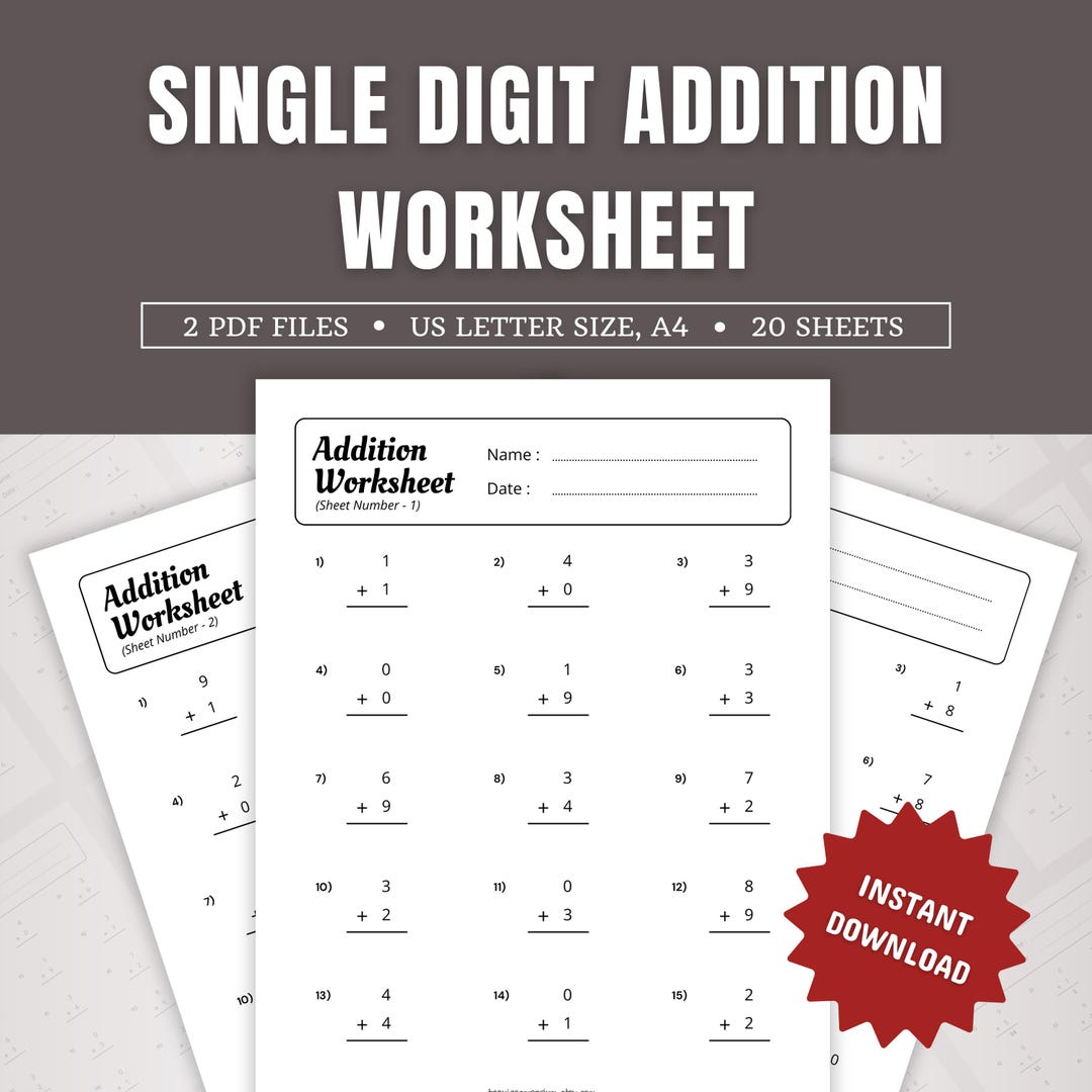 Printable Addition Worksheet Single Digit Addition Worksheet - Etsy