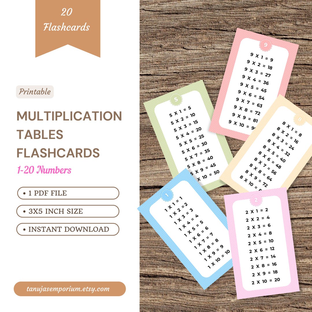 Printable 1-20 Multiplication Tables Flashcards - Etsy