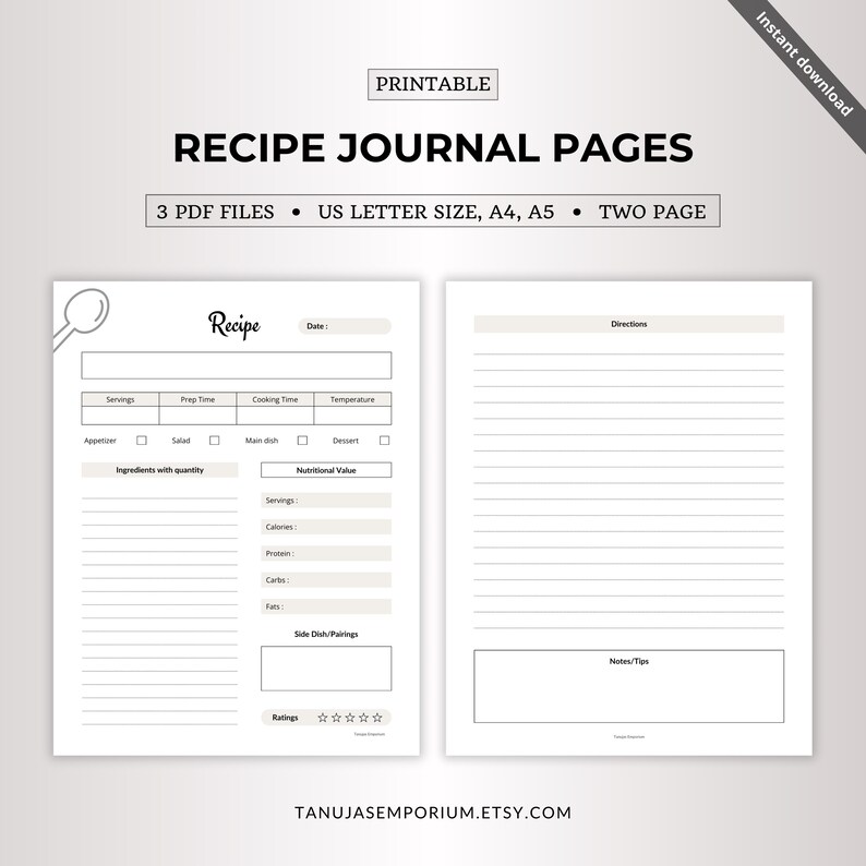 Printable Recipe Journal | Recipe Pages - Etsy