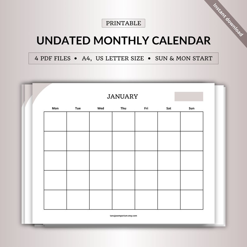 Undated Monthly Calendar | Blank Monthly Calendar - Etsy