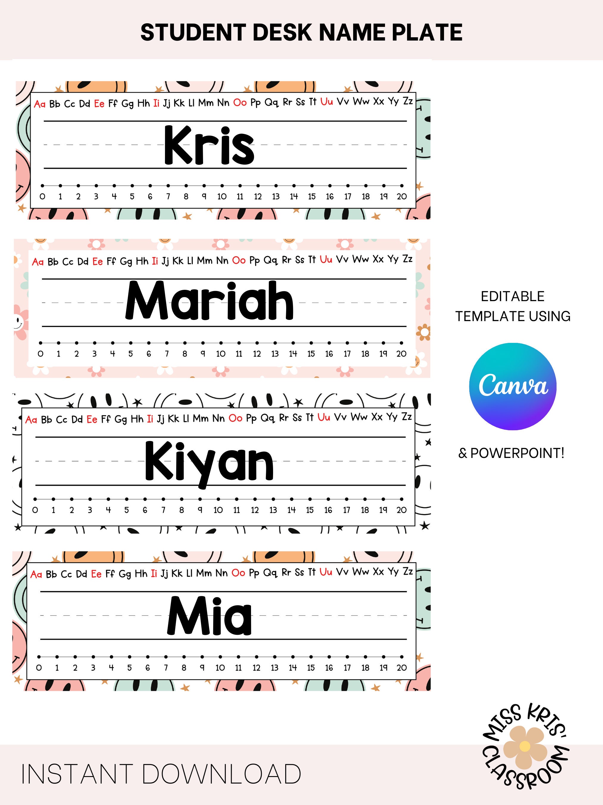 Editable Student Name Desk Label, Retro Design, Five Designs, Flower ...