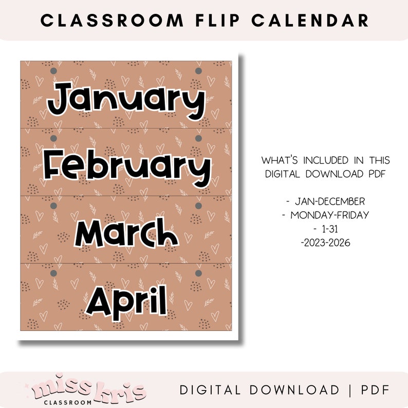 Classroom Flip Calendar, Boho Theme, Perpetual Calendar, Classroom ...