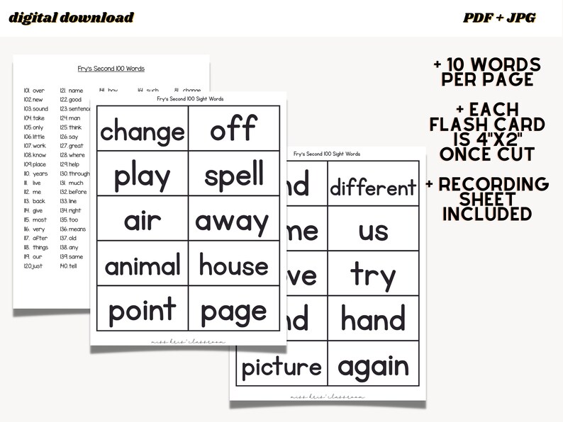 Frys Second 100 Word Practice, Sight Words Flashcard, High Frequency ...
