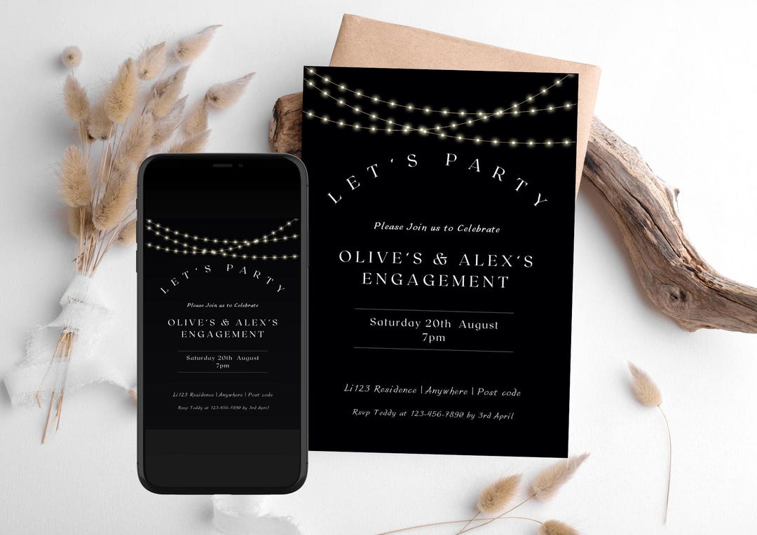 Lights Party Invitation | Black Invite | Customisable | Digital ...