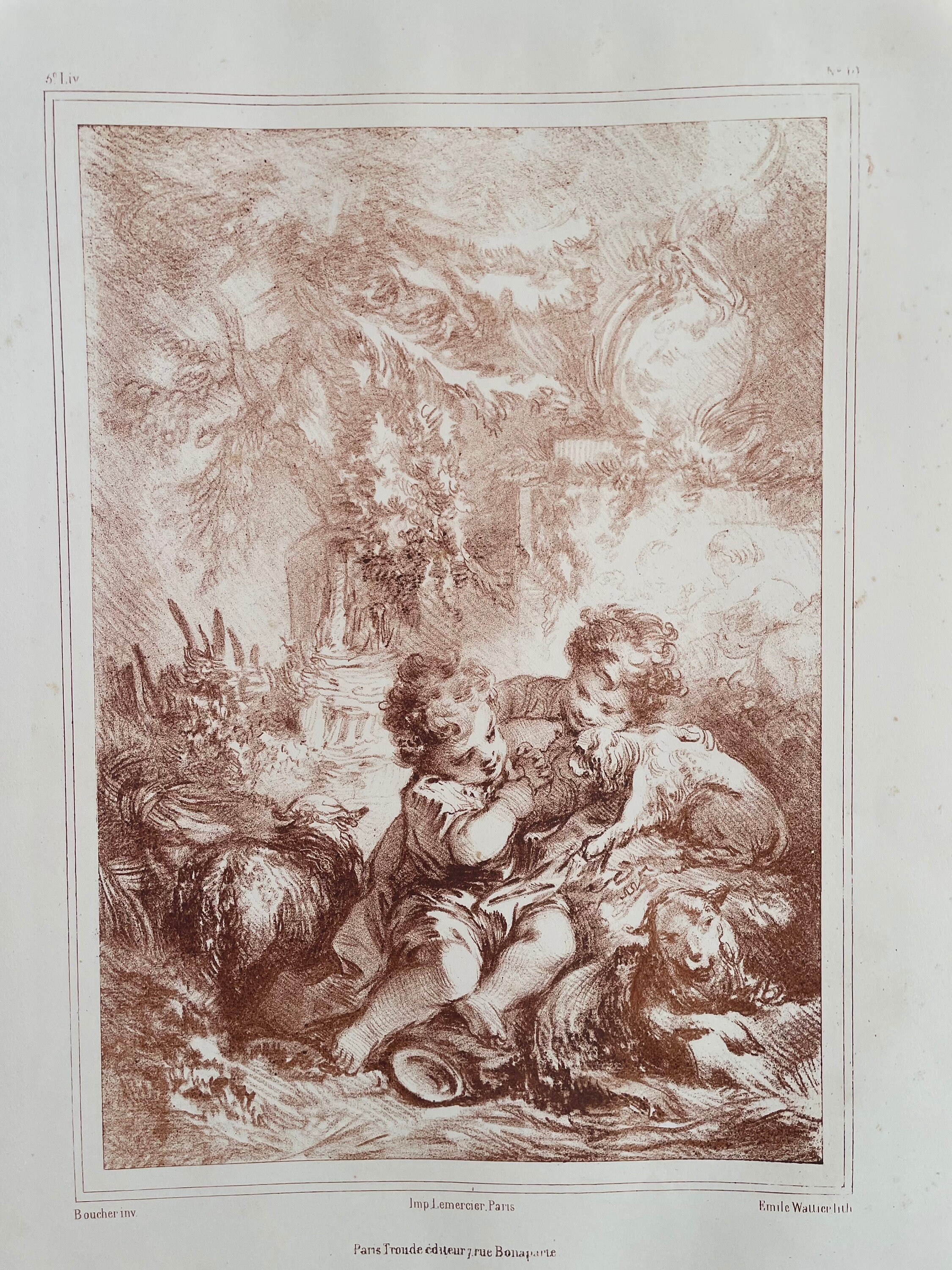 Antique Lithograph Print. Rococo Print. Children Playing With Dogs ...