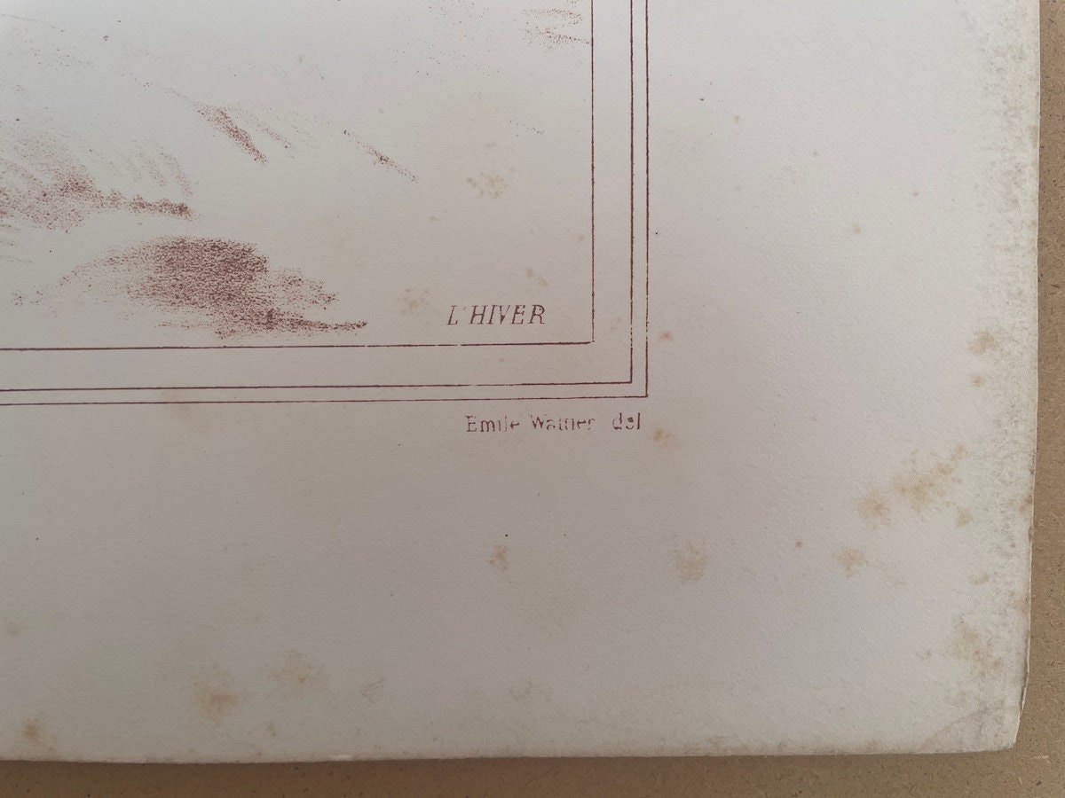 Antique Lithograph Print. Rococo Print. Three Cherubs in Winter ...