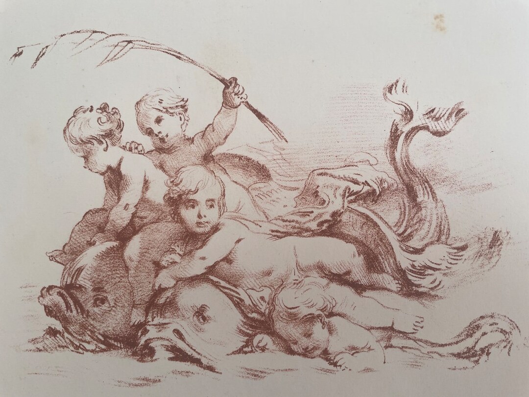 Two Antique Lithograph Print. Rococo Print. Children Playing, Original ...