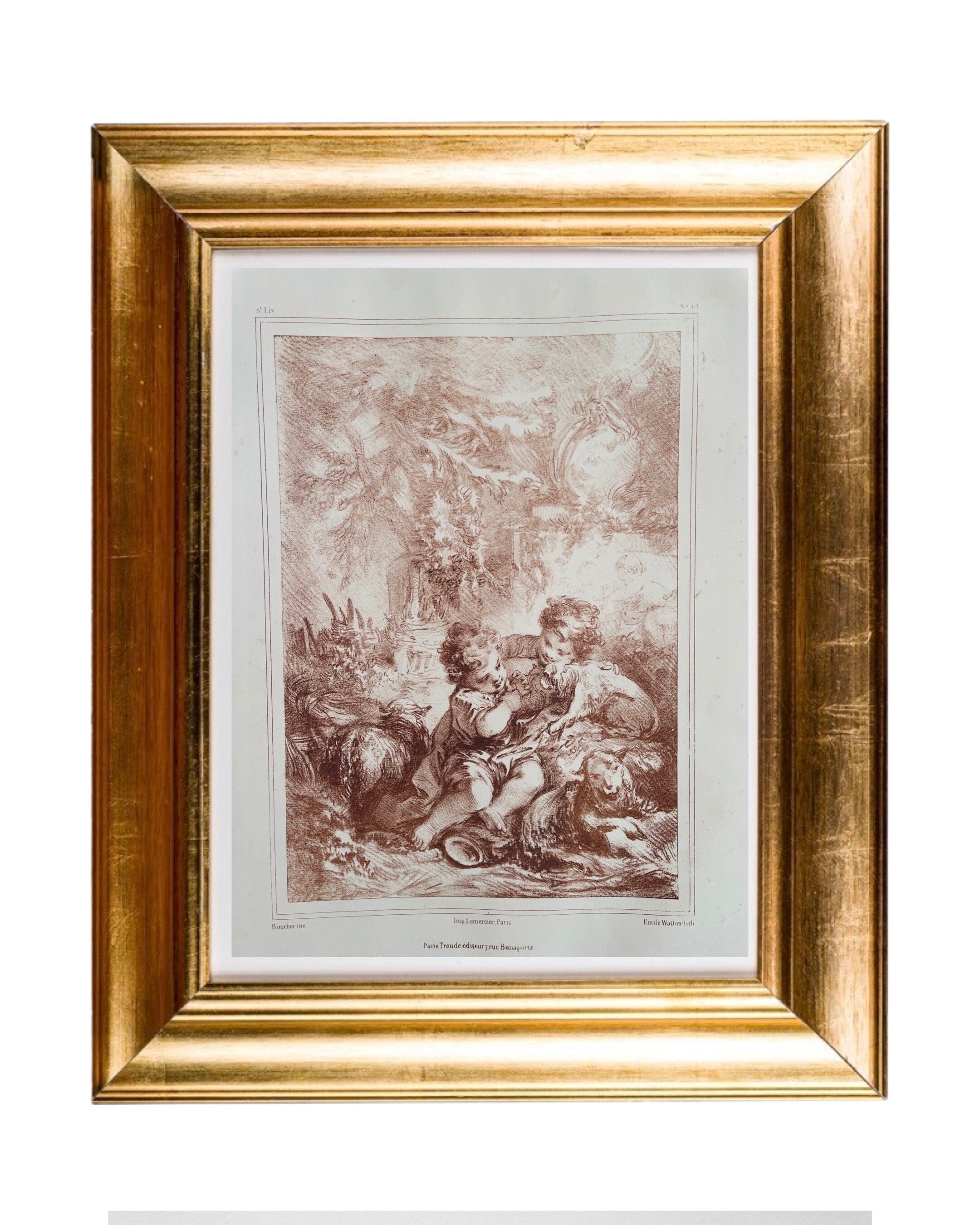Antique Lithograph Print. Rococo Print. Children Playing With Dogs ...