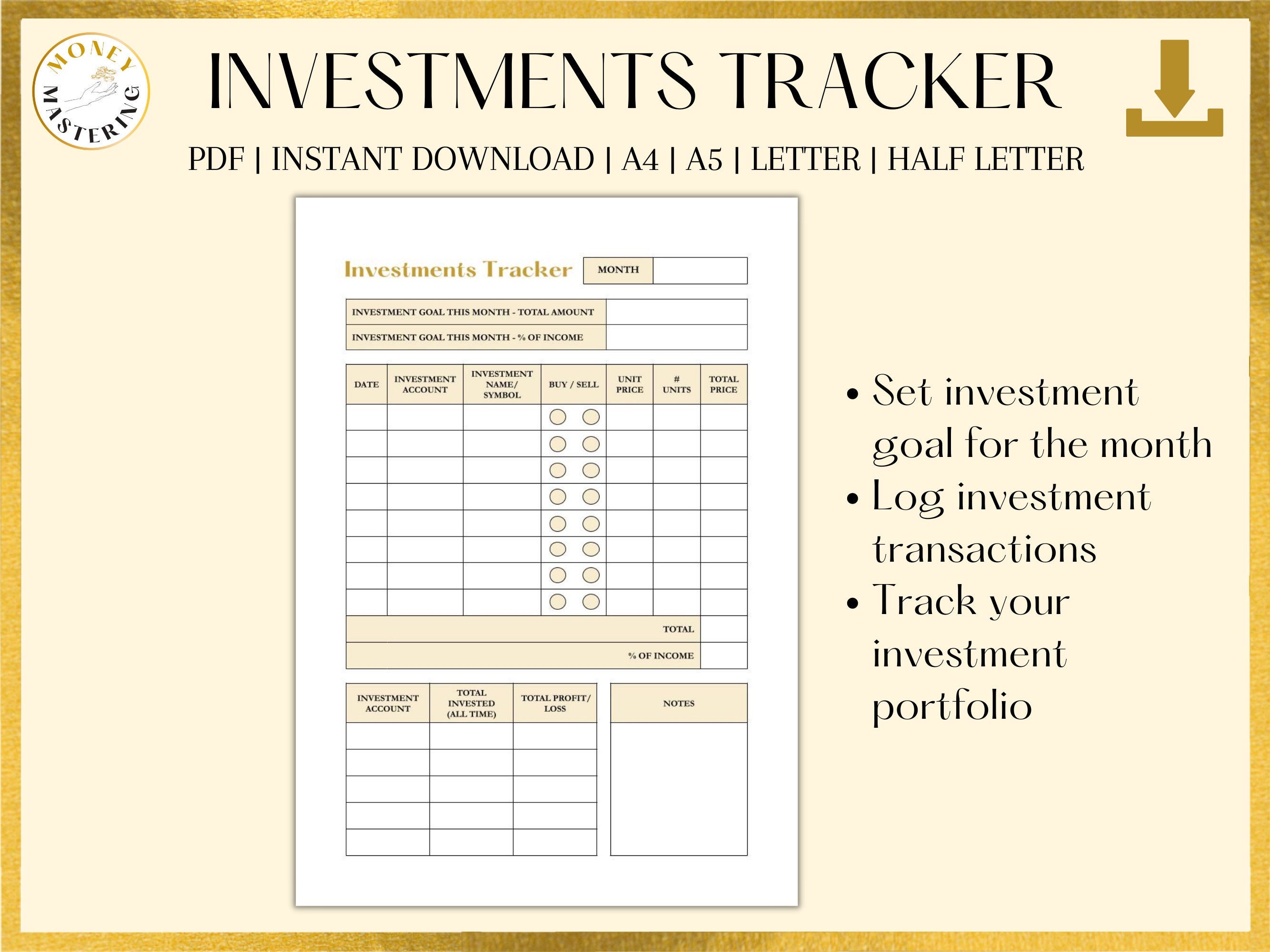 Investments Tracker Printable, Monthly Investments Journal, Investments ...