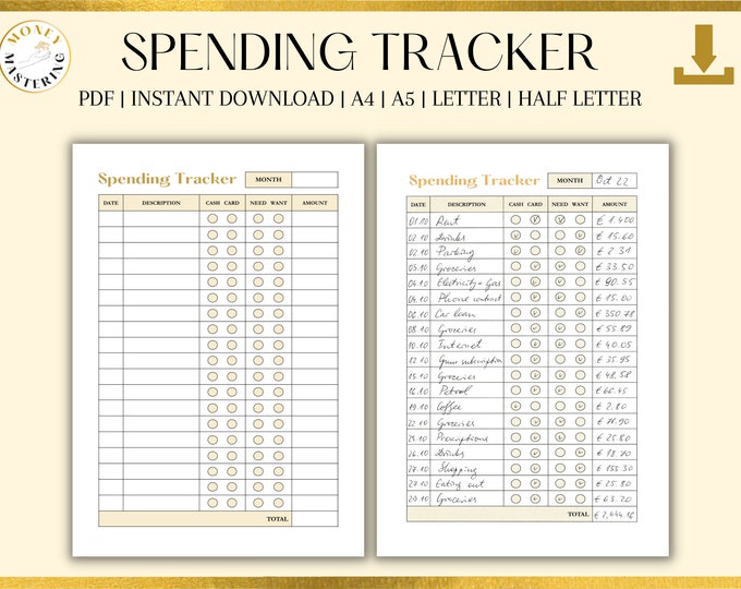 Digital Spending Tracker Printable Spending Log Monthly Expense Log ...